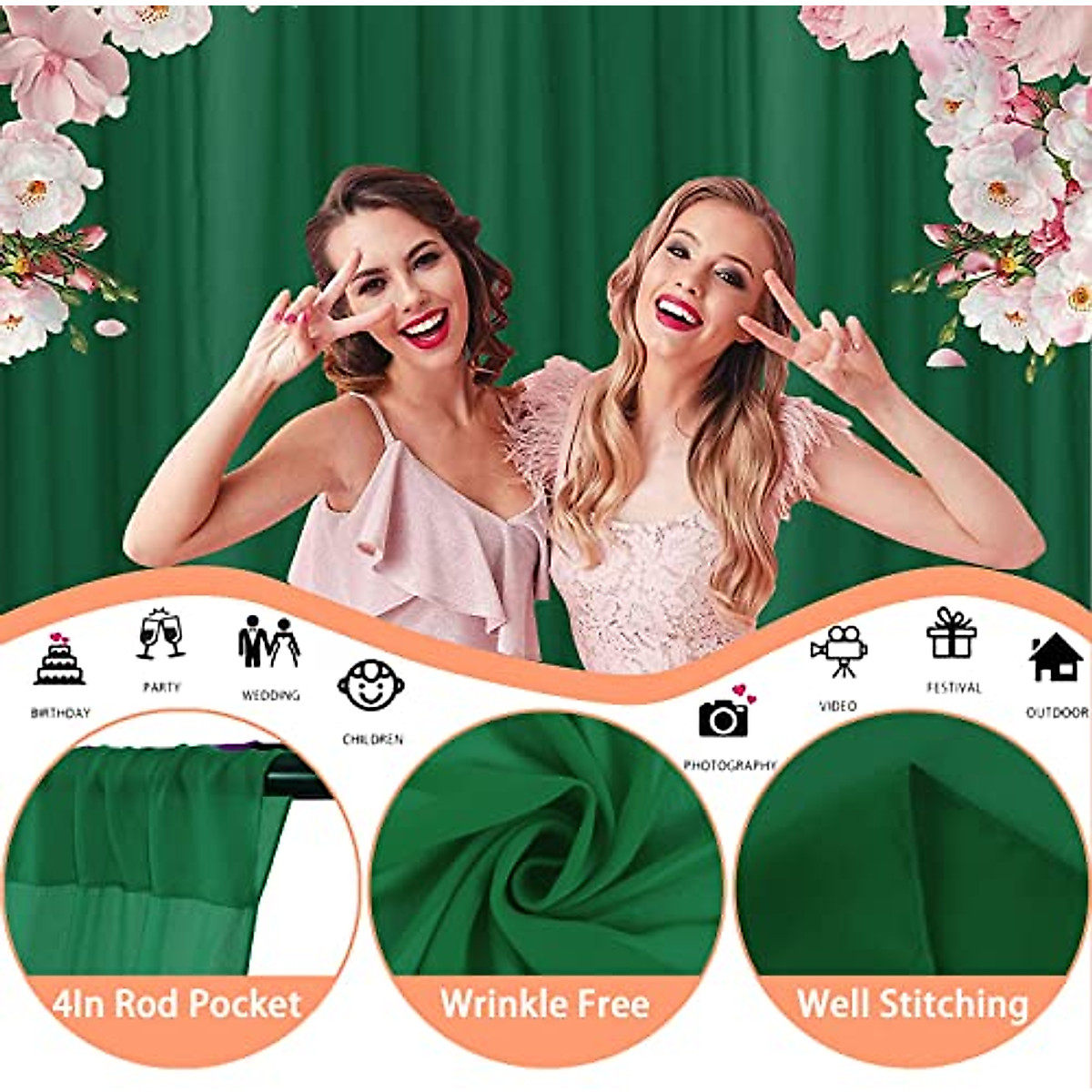 Emerald Green Backdrop Curtains 10FTx10FT 2 Panels Chiffon Fabric Wedding Drapes Semi Sheer Curtains for Backdrop Baby Shower Background Photography Backdrop Drapes for Arch Party Birthday Decoraions