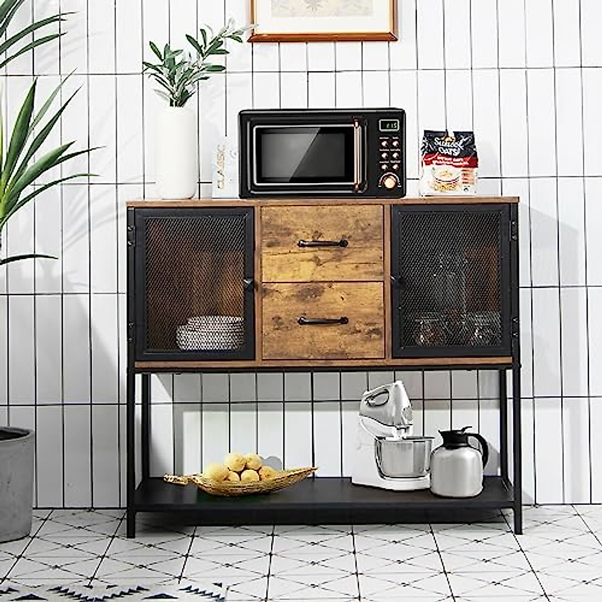 QZWCQ Buffet Storage Cabinet, 39" Kitchen Sideboard with Open Shelf, Industrial Buffet Sideboard Kitchen Cupboard with Metal Mesh Doors & 2 Drawers for Kitchen Hallway Entry Living Room Dining Room