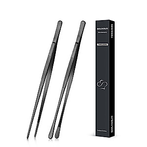 2 Pcs 10-inch Cooking Tweezers Tongs Precision Serrated Tips, Stainless Steel Professional Chef Tweezer Kitchen Tools for BBQ, Plating and Serving (Black)
