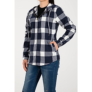 ZENTHACE Plaid Flannel Shirts for Women Hooded Flannel Shirt Oversized Zip Up Flannel Hoodies Fall Flannel Shacket Blue White S