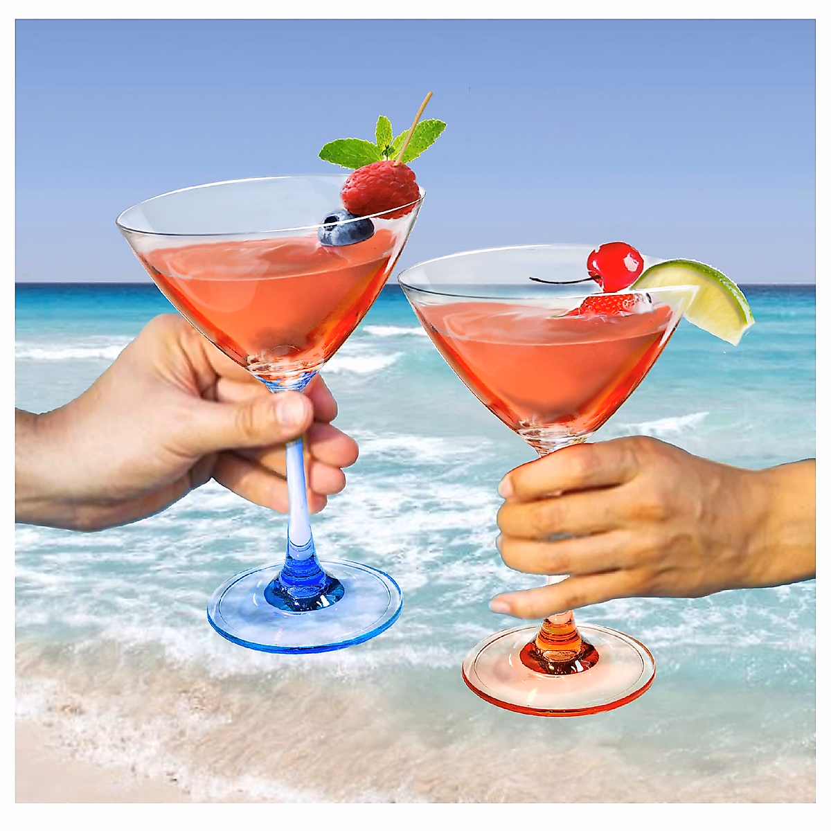 Lily's Home Unbreakable Plastic Martini Glasses with Colored Stem. Made of Shatterproof Polycarbonate Plastic and Ideal for Indoor and Outdoor Use, Reusable (9 oz. Each, Set of 4)