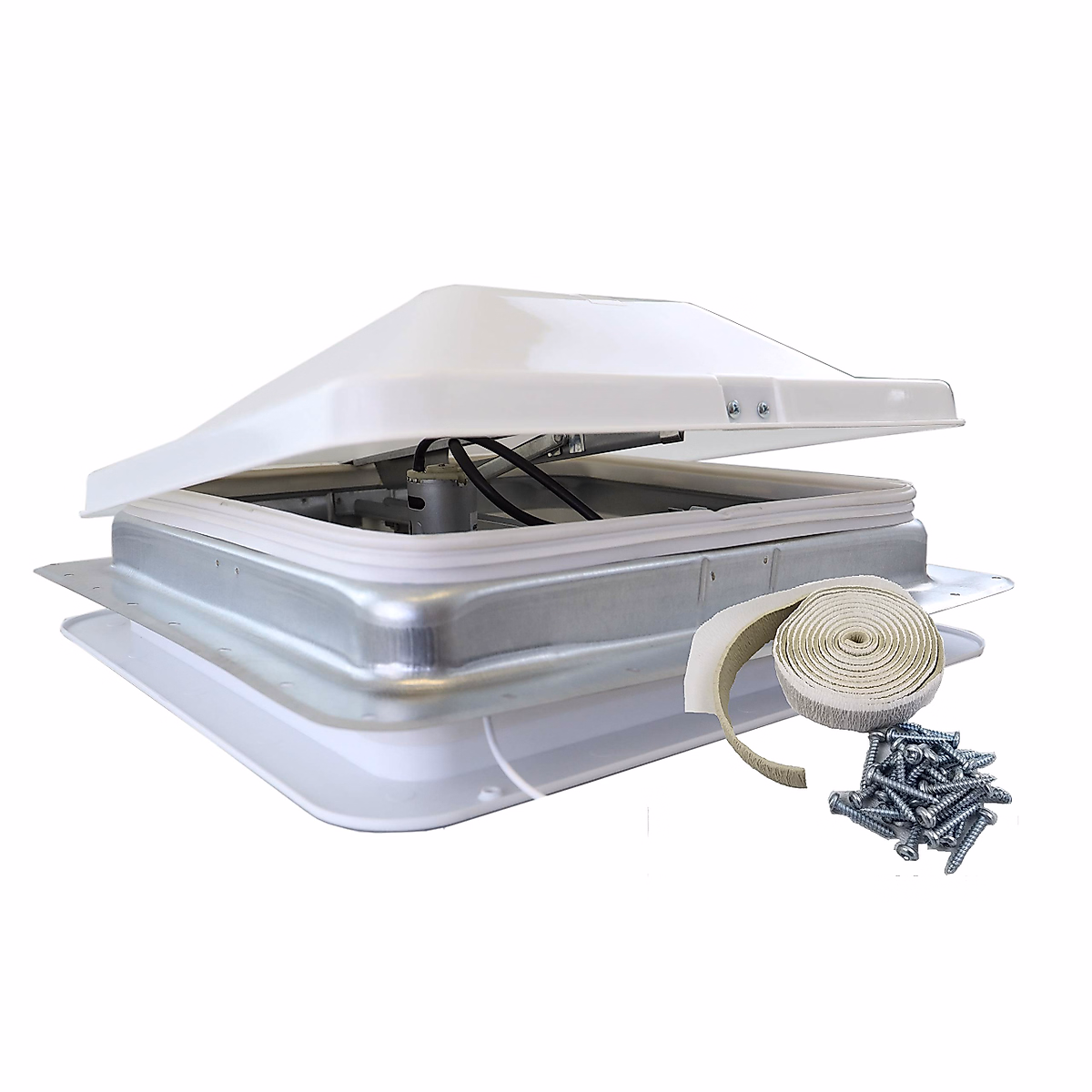 Class A Customs 12 Volt Powered 14" RV Roof Vent with White Wedge Style Lid - Putty & Screws | 71112A-PS