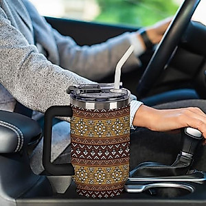 Maya Horizontal Geometric Pattern 40oz Water Bottle Double Wall Insulated Tumbler with Handle Leakproof Travel Mug Black-style