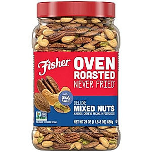Fisher Oven Roasted Never Fried Deluxe Mixed Nuts, 24 Ounces (Pack of 1), Almonds, Cashews, Pecans, Pistachios, Snacks for Adults, Made With Sea Salt, No Added Oil, Artificial Ingredients or Preservatives, Trail Mix, Gluten Free​