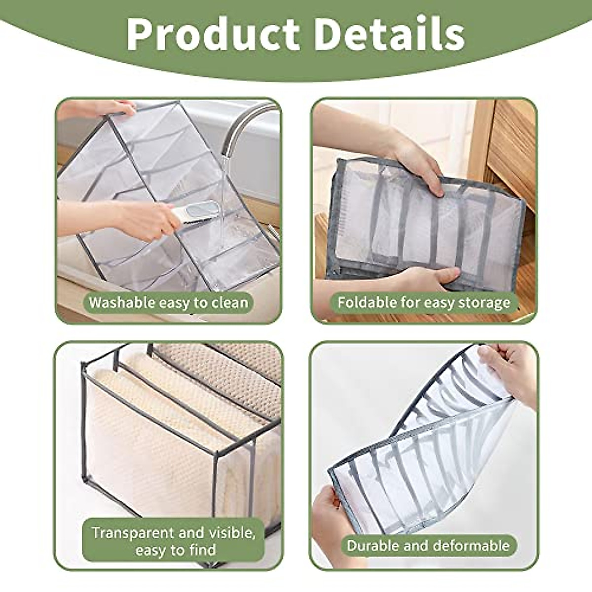 Akpgf Wardrobe Clothes Organizer for Jeans, Upgraded 7 Grids Mesh Compartment Storage Drawer Organizers and Storage, Extra Large 4PCS Pants Jeans Sweater Thick Clothes Organizer