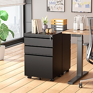 Pataku 3 Drawer Mobile File Cabinet with Lock, Under Desk Metal Filing Cabinet for Legal/Letter/A4 File, Fully Assembled Rolling File Cabinet Except Wheels, Black