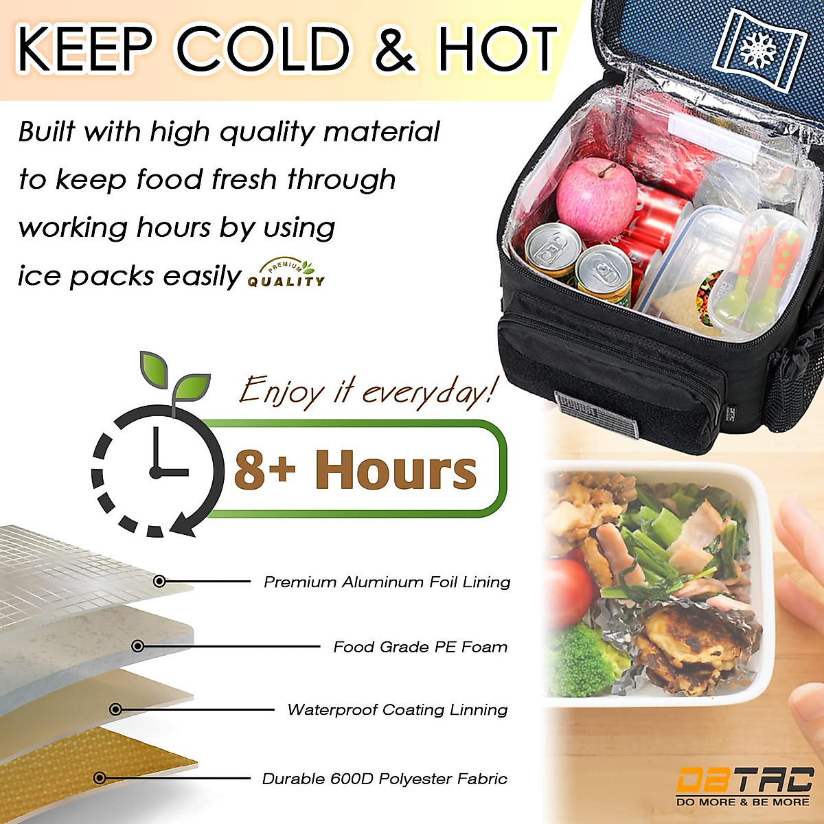 DBTAC Tactical Lunch Box, Large Insulated Lunch Bag Fits 12-Cans w/Water Bottle Pocket | Leakproof Lunch Cooler Tote for EDC Work Travel | Soft & Collapsible Easy-Clean Liner x2, Black