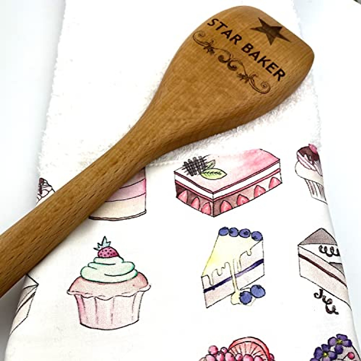 Star Baker Wooden Spoon Dishtowel Set, Laser Engraved Spoon Towel Gift Set, Star Baker Baking Gift for Baking Show Fans, Pastry Dishtowel, Baking Gift for Bakers, Personalization Optional
