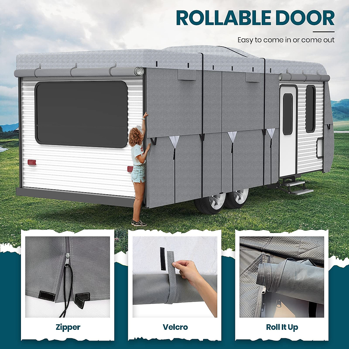 XGEAR RV Cover Travel Trailer Covers Fits 27'-30' Rv Trailer, Durable Premium Solar Shield Camper Cover with 4 Tire Covers, Repair Patches, 2 Extra Straps