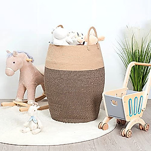MINTWOOD Design Extra Large 25.6 Inches High Decorative Woven Cotton Rope Basket, Tall Laundry Hamper with Handles, Blanket Basket Living Room, Storage Baskets for Toys, Throws, Pillow, Black Jute Mix