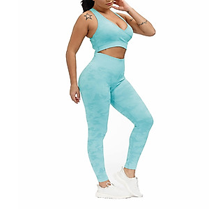 SweatyShark Women's Workout Outfit Set Active 2 Pieces Camo Seamless Yoga Leggings with Paded Sports Bra Racer Back Sky Blue
