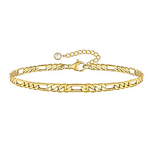 Gold Bracelets for Women, 14k Gold Plated Figaro Chain Braclelets for Women Dainty Gold Bracelets for Women Simple Gold Bracelet Thin Bracelets for Women Teen Girls Jewerly Gifts