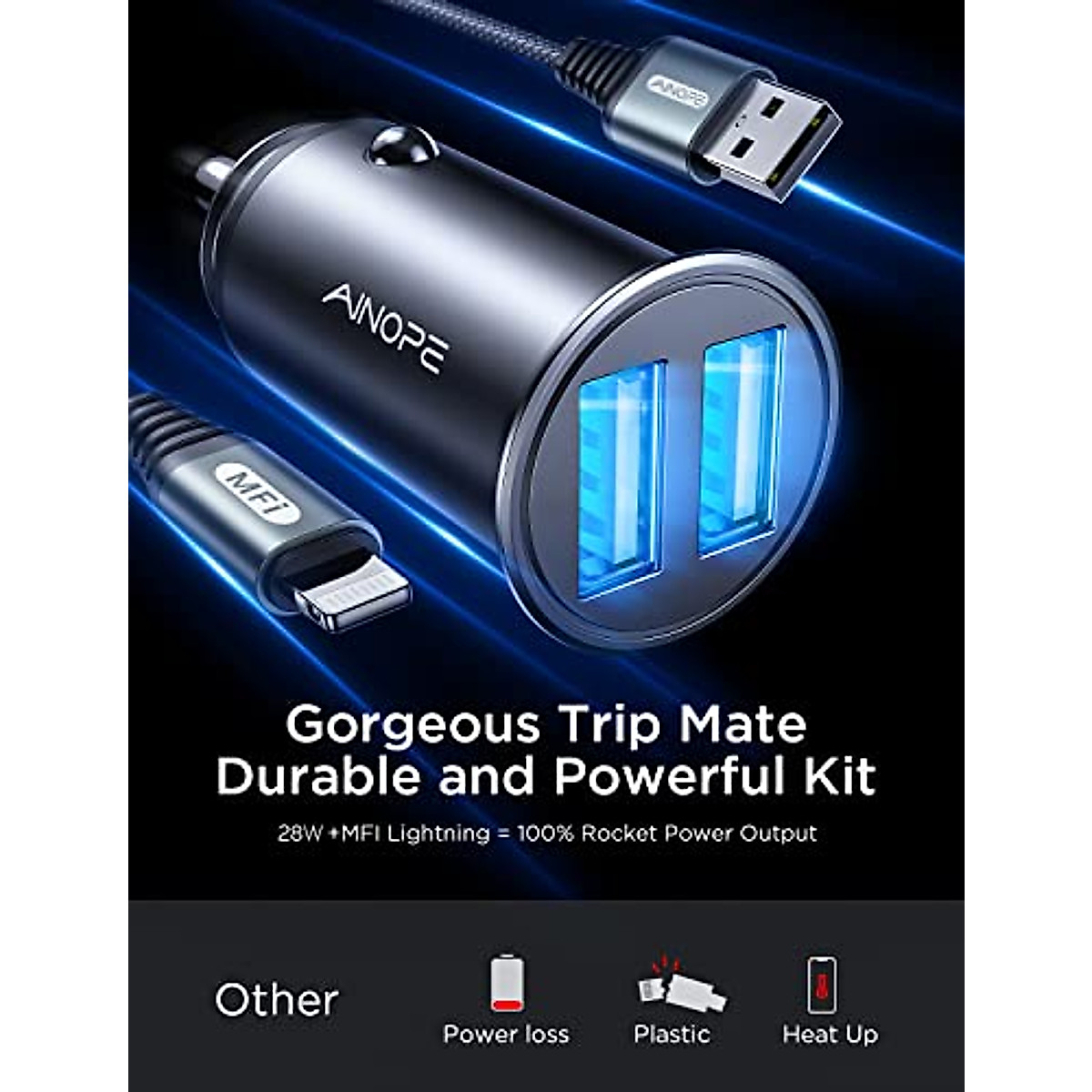 AINOPE iPhone Car Charger [Apple MFi Certified] 24W USB Car Charger Adapter Fast Charging Cigarette Lighter USB Charger with Lightning Cable for Apple iPhone 13/12 Mini/11/Xs/XR/X/8 Plus/7/6s/5/iPad