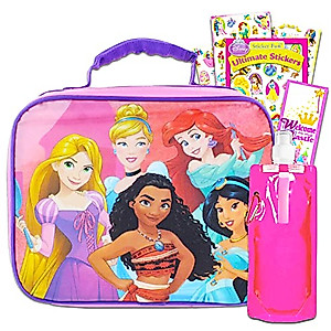 Disney Princess Lunch Bag Set For Girls, Kids - Bundle with Princess School Lunch Box With Pink Water Pouch, Princess Stickers And More Princess School Supplies