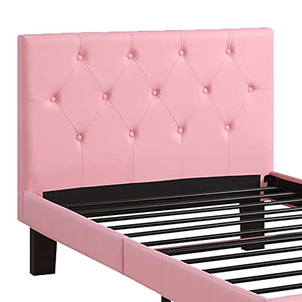 Benjara Faux Leather Upholstered Twin Bed With Tufted Headboard, Pink