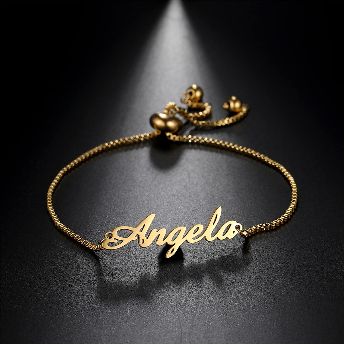 MRENITE 10k 14k 18k Solid Yellow Gold Personalized Name Bracelet – Dainty Name Plate Bracelet - Custom Any Name Gift for Women Adults Wife (Yellow Gold)