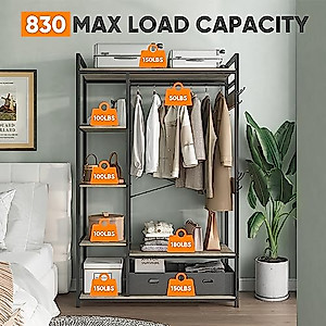 FreeStanding Clothing Rack Heavy Duty Closet Organizer with Shelves, 2 Fabric Drawers and 6 Hooks Clothes Wardrobe Closet Storage Rack,GREY