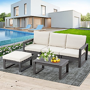 YOLENY 3-Piece Outdoor Patio Furniture Set, HDPE Sectional Sofa, Patio Conversation Set with Creamy-White Cushions and Tea Table, for Patio, Backyard, Garden, Deck, Grey