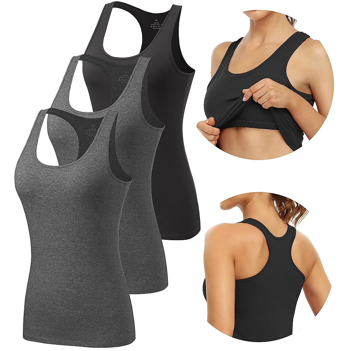 Vislivin Womens Tank Tops with Shelf Bra Racerback Tank Top Stretch Undershirts 3 Packs Bl/Dark Gray/Dark Gray S
