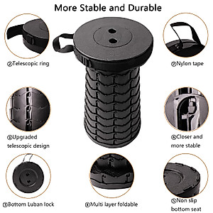 Upgraded Telescoping Stool Collapsible Stool with Seat Cushion & Bag, Retractable Folding Camping Stool for Adults Max Load 500lb More Sturdy Lightweight for Fishing Hiking Gardening (Black-s)