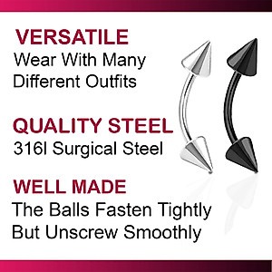 bodyjewellery 4pcs 16g Curved Barbell Cartilage Lip Tragus Eyebrow Forward Helix Conch Daith Earring Black Vertical Labret Spike - 10mm