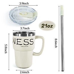 21 oz Insulated Coffee Mug Tumbler with Handle, Stainless Steel Travel Mug Tumbler with Lid and Straw, Coffee Travel Mug Spill Proof with Lid for Keep Hot/Ice Coffee, White