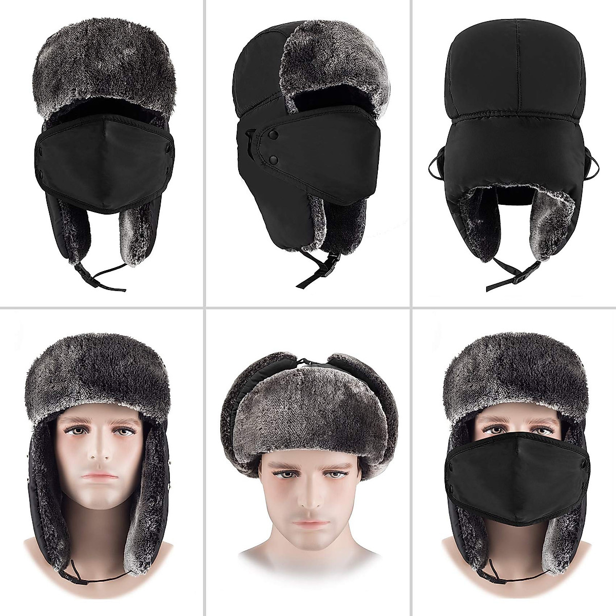 Mysuntown Unisex Winter Trooper Trapper Hat Hunting Hat Ushanka Ear Flap Chin Strap and Windproof Mask,Black,22-24 Inches ,One Size Fits All