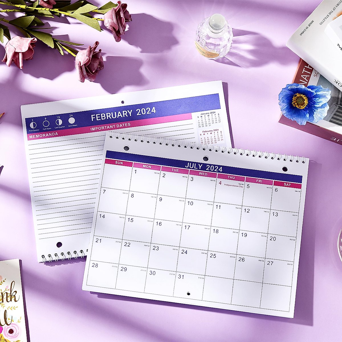 2024 Calendar - 2024 Wall Calendar, JAN. 2024 - DEC. 2024, 11" x 8.5", 12 Monthly Calendar 2024 with Twin-Wire Binding + Hanging Hook + Unuled Blocks with Julian Dates - Purple