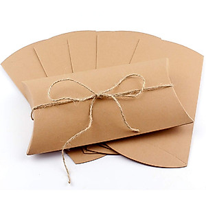 CEWOR Kraft Pillow Box 50pcs, 6.3×3.7 Inches Gift Boxes with 100 Feet Jute Twines, Paper Gift Box for Jewelry, Candy Gift Packaging, Wedding Present and Birthday Party Favor