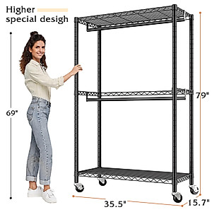 Raybee Clothes Rack 79''H Heavy Duty Clothing Rack with Wheels Adjustable Clothing Racks for Hanging Clothes Portable Rolling Clothes Rack Metal Garment Rack 79" H X35.5 W X15.7 D,Black