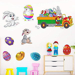 Konsait Bunny Wall Stickers, Cartoon Bunny Eggs Design Wall Stickers for Easter Party Favor Home Decoration Kids Baby Boys Girls Bedroom Window Decals