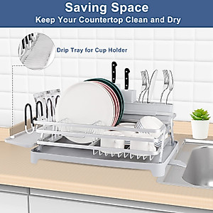 [Upgraded] Aluminum Dish Drying Rack, ROTTOGOON Rustproof Dish Rack and Drainboard Set with Drainage, Utensil Holder, Cup Holder, Compact Dish Drainer for Kitchen Counter, 16.9"L x 12.2"W, Light Gray