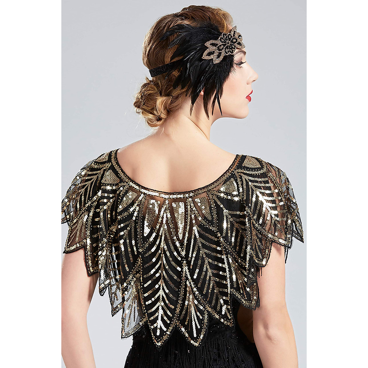 BABEYOND 1920s Shawl Wraps Sequin Beaded Evening Cape Bridal Shawl (Black Gold)