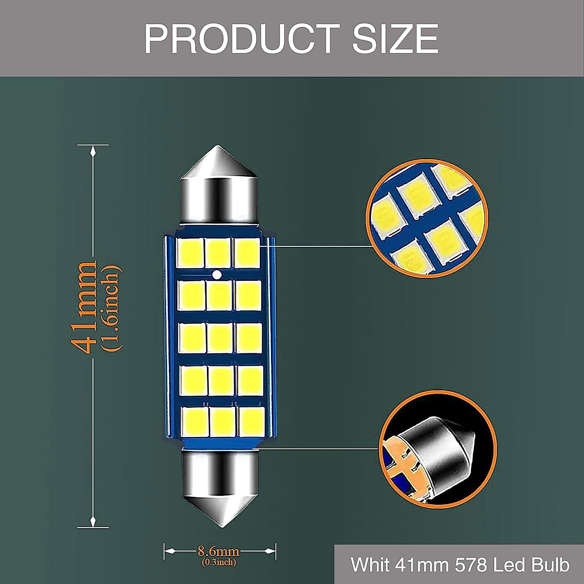UGSHY 2 PCS Car LED Extremely Bright Bulbs, 1.6" 6000K 2835 Chipsets 1200LM Bulbs for LED Interior Dome Map Door Lights 211-2 212-2 569 6411 6451 41mm 42mm (White)