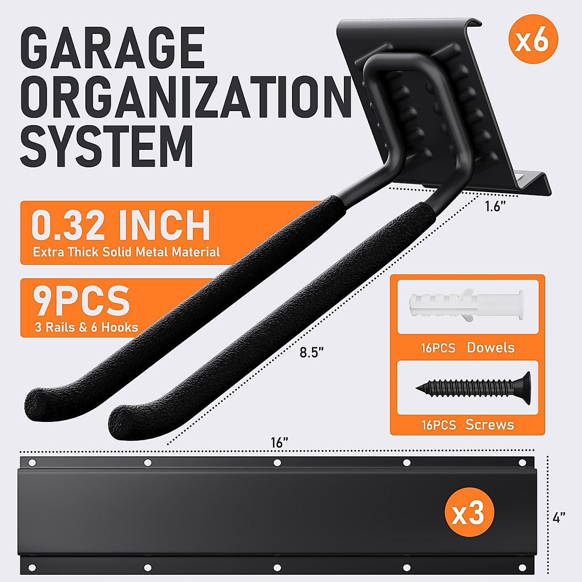INCLY Garage Organization, 48 Inch Garden Tool Organizer Wall Mount Load 360lbs, Heavy Duty Garage Storage Rack with 3 Rails and 6 Adjustable Hooks for Hanging Yard Tool, Shovels, Rakes, Chairs