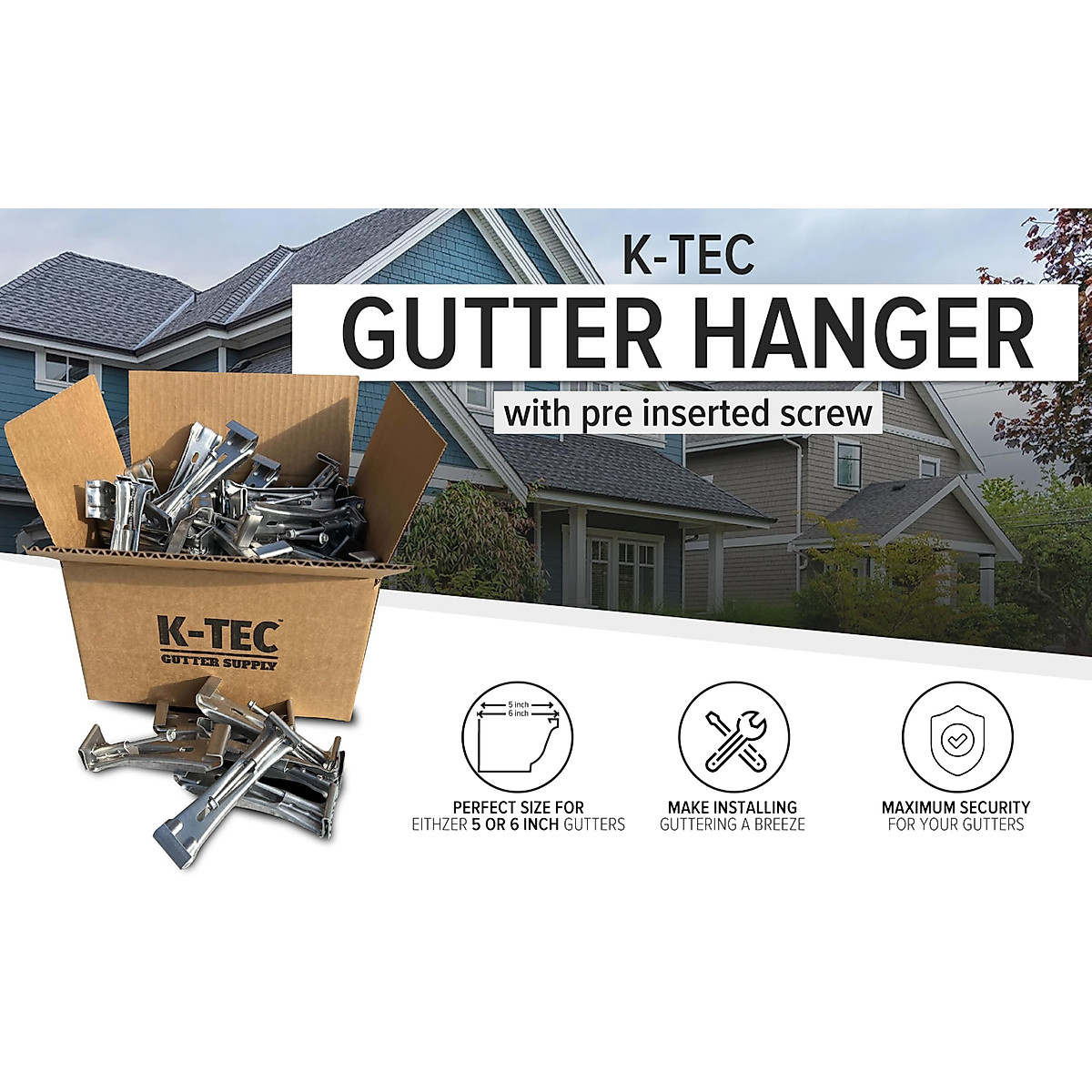 Hidden Gutter Hangers 5 Inch with a Pre-Inserted Rust Resistant Screw - Heavy Duty Rain Gutter Brackets Fastener with Clip for 5" K-Style Aluminum Gutters - Easily Repair Sagging Gutters - 50 Pack