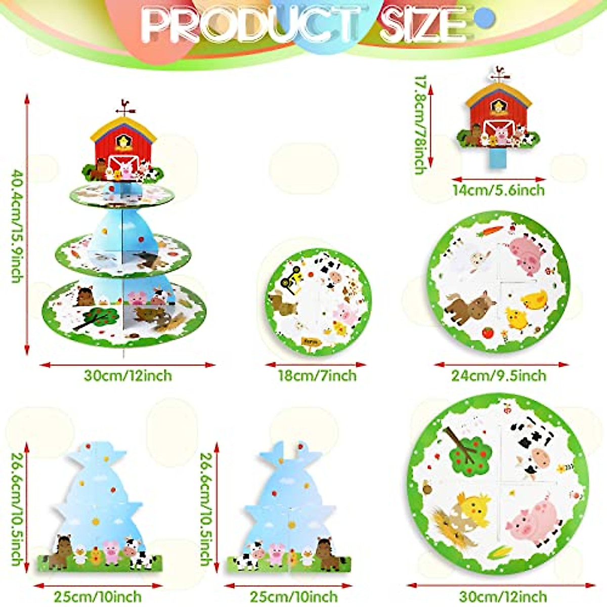 3 Tier Farm Animals Cupcake Stand Holder Farm Theme Birthday Party Supplies Spring Cupcake Tower Cardboard Display Decorations Rustic Dessert Cake Stand for Boy Girl Kids Baby Shower