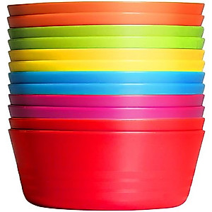 PLASKIDY Kids Plastic Bowls Set of 12 Children Bowl 10 Ounce Microwave Dishwasher Safe BPA Free Non Toxic Toddler Bowls 6 Bright Colors for Cereal, Soup, Snack Great Plastic Bowls for Kids & Toddlers