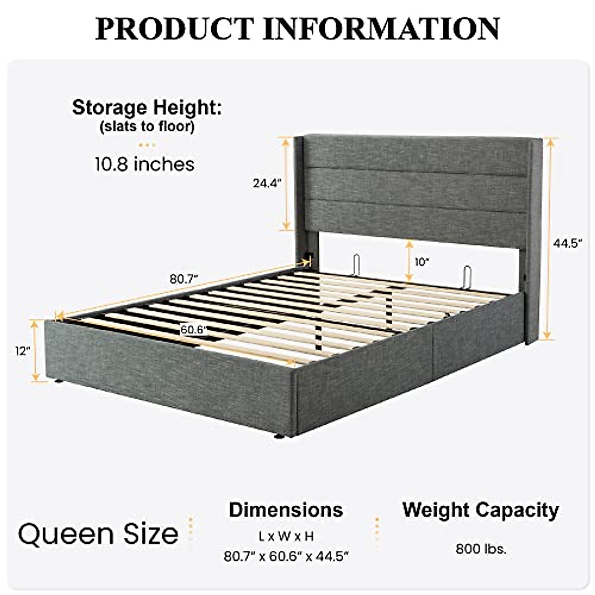 SHA CERLIN Queen Size Lift Up Storage Bed/Modern Wingback Headboard/Upholstered Platform Bed Frame/Hydraulic Storage/No Box Spring Needed/Wood Slats Support/Grey Blue