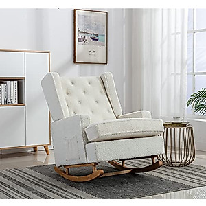 KINFFICT Upholstered Accent Rocking Chair, Mid Century Glider Rocker for Baby Nursery, Modern Wingback Armchair for Living Room, Bedroom, 300 LBS Weight Capacity, White