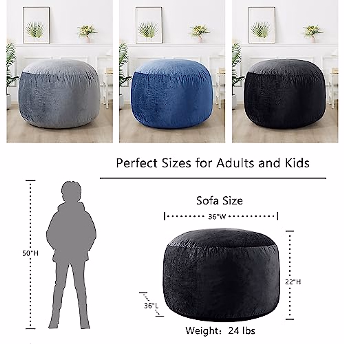 EDUJIN 3 ft Bean Bag Chair: 3' Memory Foam Bean Bag Chairs for Adults/Teens with Filling,Ultra Soft Dutch Velvet Cover, Round Fluffy Lazy Sofa for Living Room - 3Foot,Black