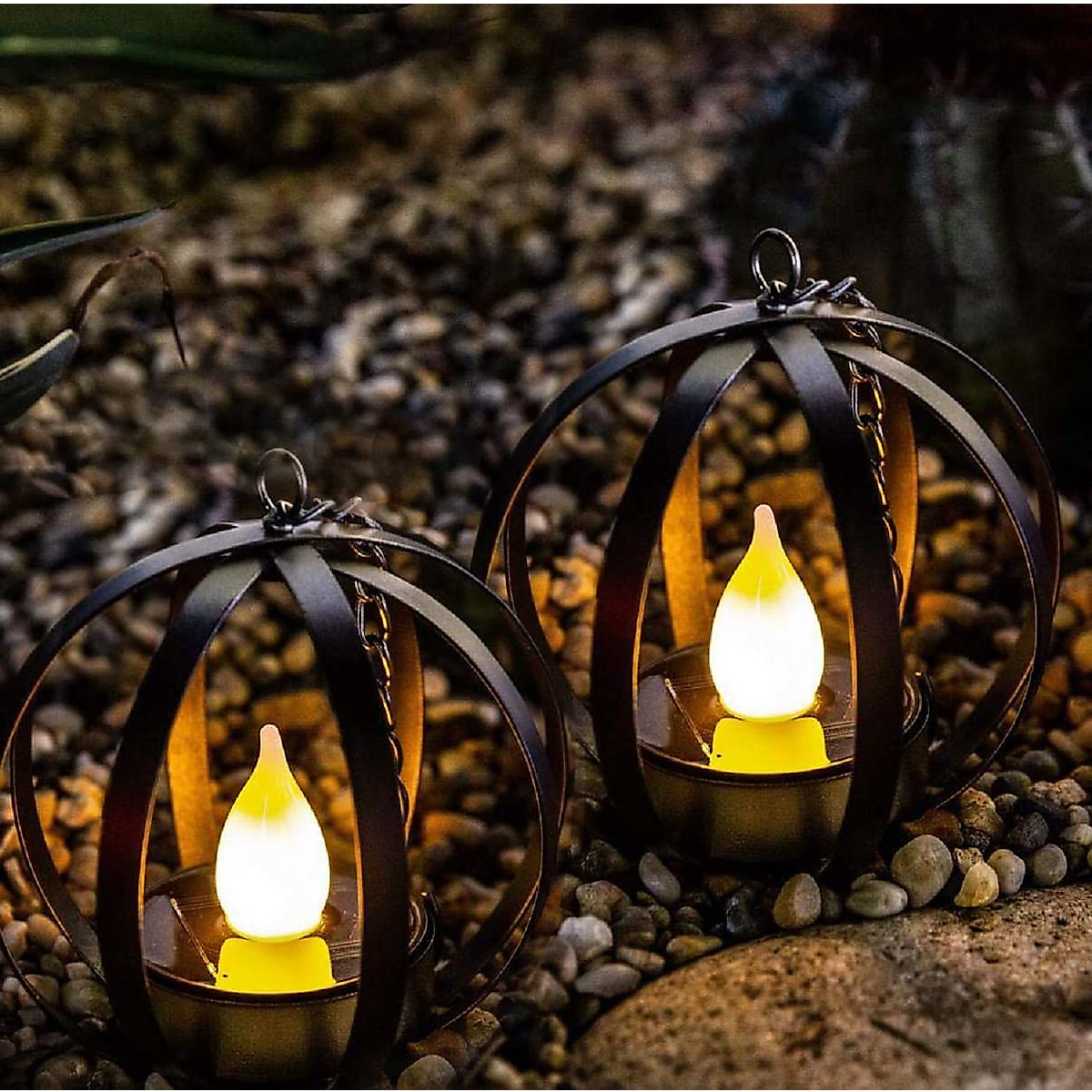 Hanging Solar Lights Outdoor - 2 Pack Small Metal Hanging Tree Lanterns with Retro Design for Patio, Yard, Pathway and Garden Candle Lanterns Retro Lights Decoration