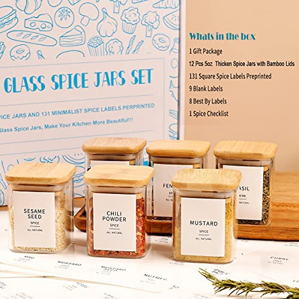 12 Pcs Square Glass Spice Jars with Natural Bamboo Lids - 5oz Airtight Herb Containers with 148 Waterproof Minimalist Spice Labels Preprinted - Empty Small Seasoning Jars for Kitchen Pantry Organization and Storage