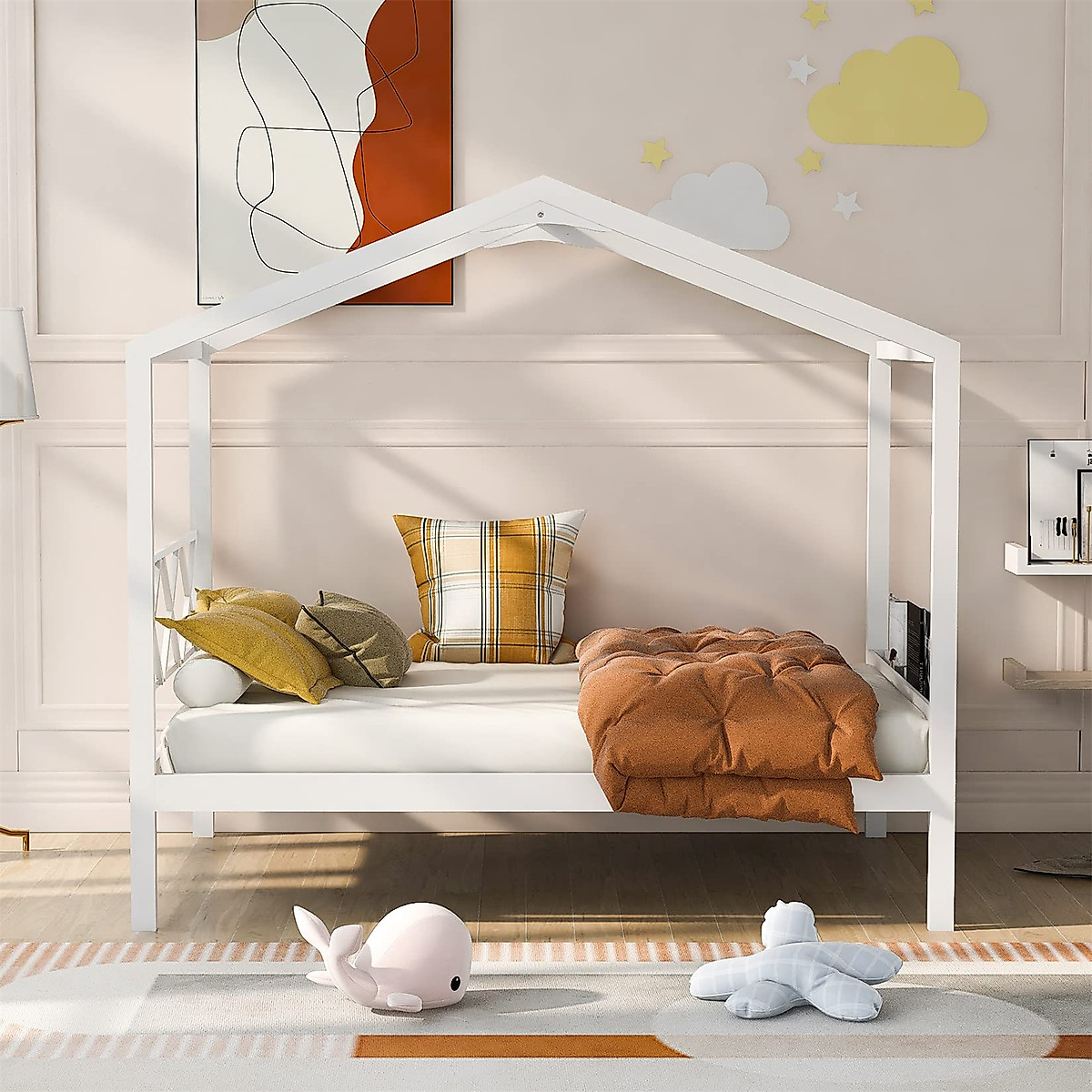 Full House Bed for Kids Montessori Bed with Headboard and Storage Footboard Wood Platform Bed Frame White House Beds for Girls Boys Teens Adults, Full Size, White