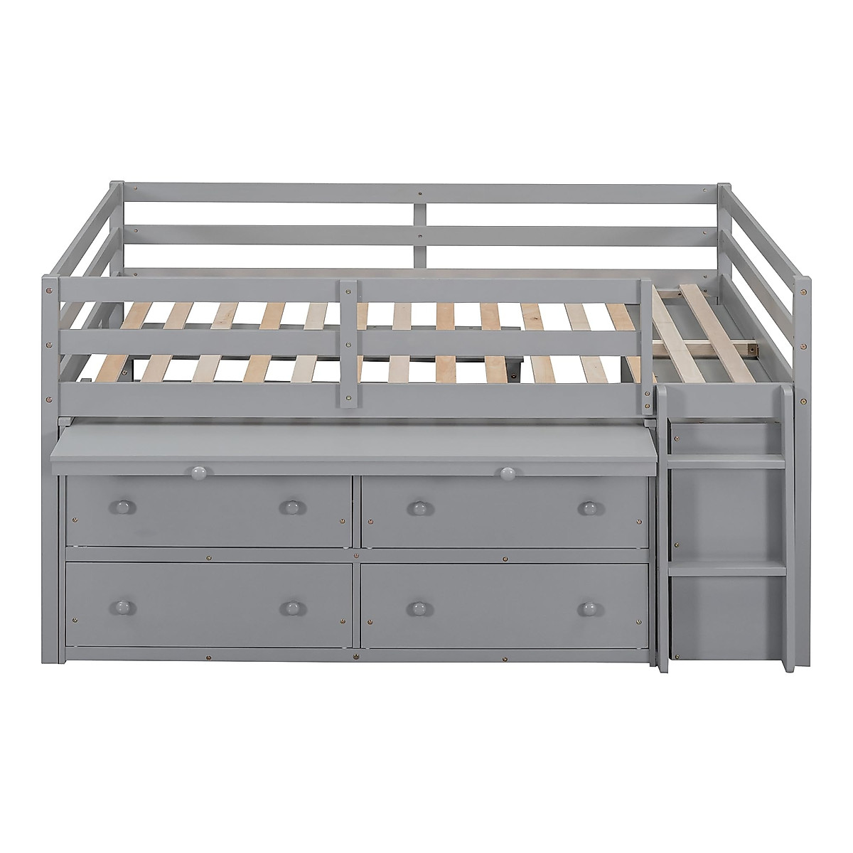 VilroCaz Full Size Low Loft Bed with Retractable Writing Desk and 4 Drawers, Multiple Functions Wooden Loft Bed Frame with Storage Shelves for Kids Teens Boys Girls, Sturdy Slats Support (Grey-AFULL)