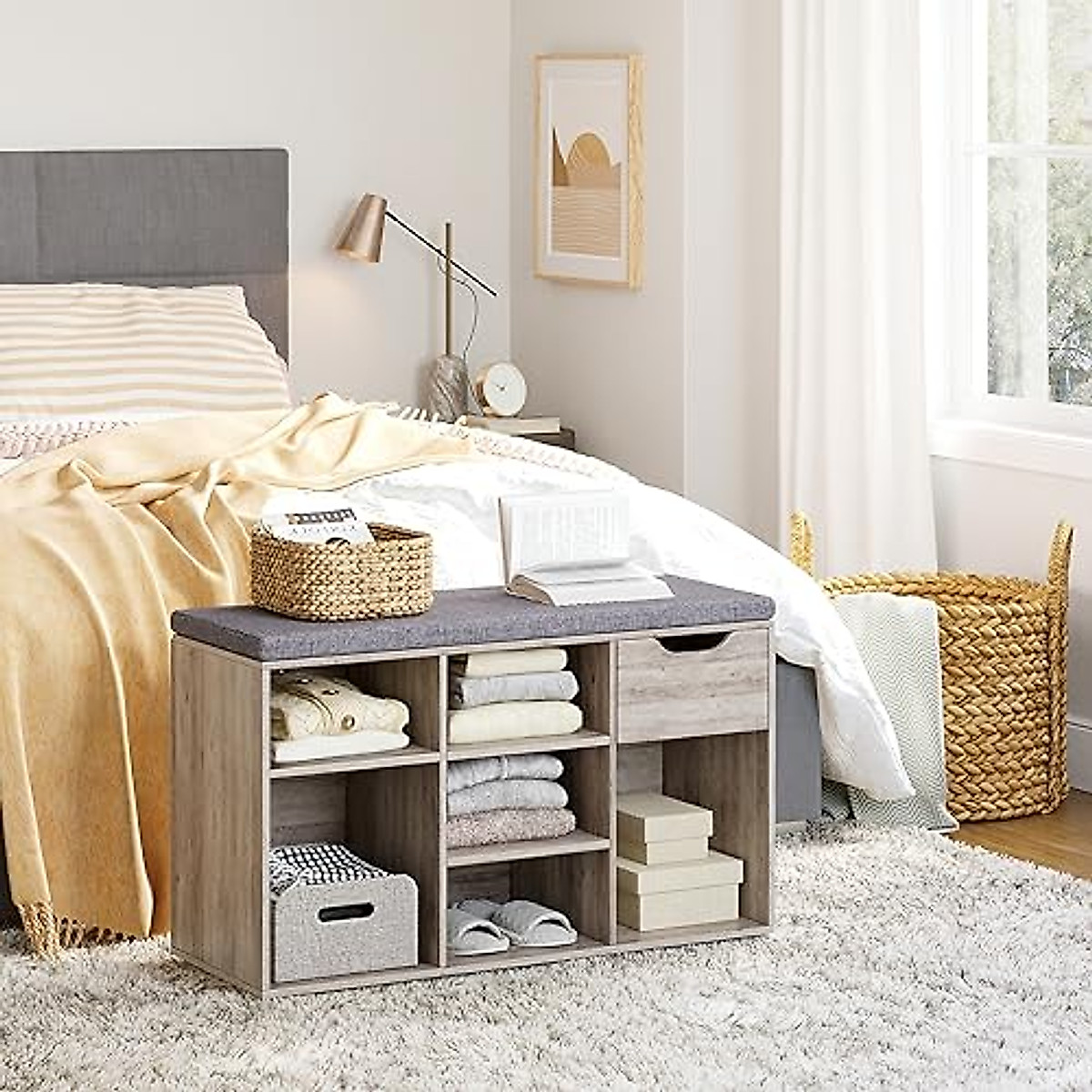 DINZI LVJ Shoe Bench,Entryway Storage Bench with Drawer and 8 Cubbies,Cubby Rack Adjustable Shelves,Shoe Organizer Cabinet for Living Room,Bedroom,Mudroom,Closet Garage,Greige (M04XD01XY01-1)