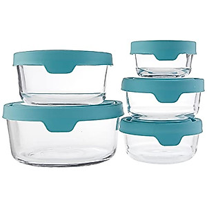 Anchor Hocking TrueSeal Glass Food Storage Containers with Airtight Lids, Set of 10,Mineral Blue