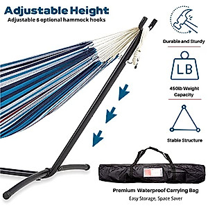 ACH Double Hammock with Stand Included 2 Person Heavy Duty Strong Portable Hammocks Indoor and Outdoor with Pillow-Carrying Bag for Outside Patio Backyard Lawn-450lb Capacity