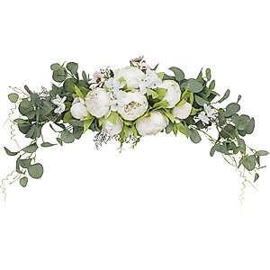 HiiARug Artificial Peony Flower Swag, 31 Inch Decorative Swag with Peonies Hydrangeas Eucalyptus Leaves for Home Room Garden Lintel Wedding Arch Party Decor (White, 31")