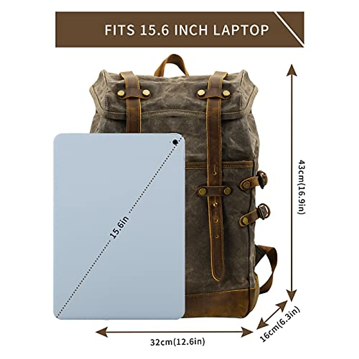 CRUITBILI Waxed Canvas Leather Hiking Travel Waterproof Backpack For College Weekend Travel Fit 15in Laptops (Army Green)